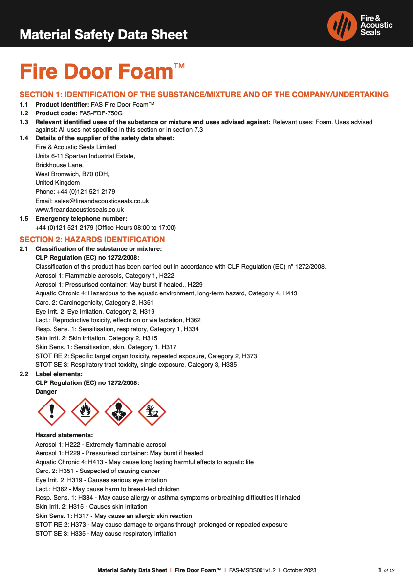 FAS - Fire Door Foam - Material Safety Datasheet - Fire & Acoustics Seals